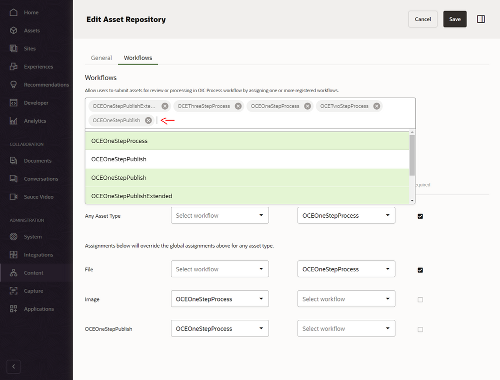 Setting Up Oracle Content Management Integrated Assets Workflows with Process Cloud Service